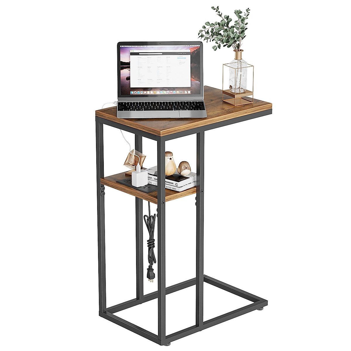 CubiCubi Side Table with Charging Station, C Shaped End Table with USB Ports and Outlets, Couch Table for Living Room, Bedroom, Couch, Sofa and Bed, Brown