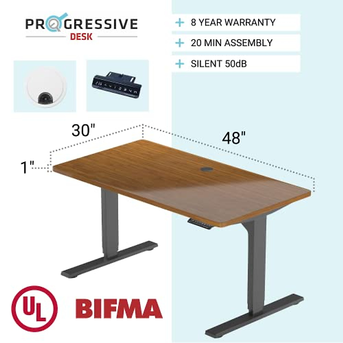 Standing Desk Bamboo, Dual Motor Stand up Desk Adjustable Height Electric 48x30 - Bamboo Dark Gloss, Black Frame
