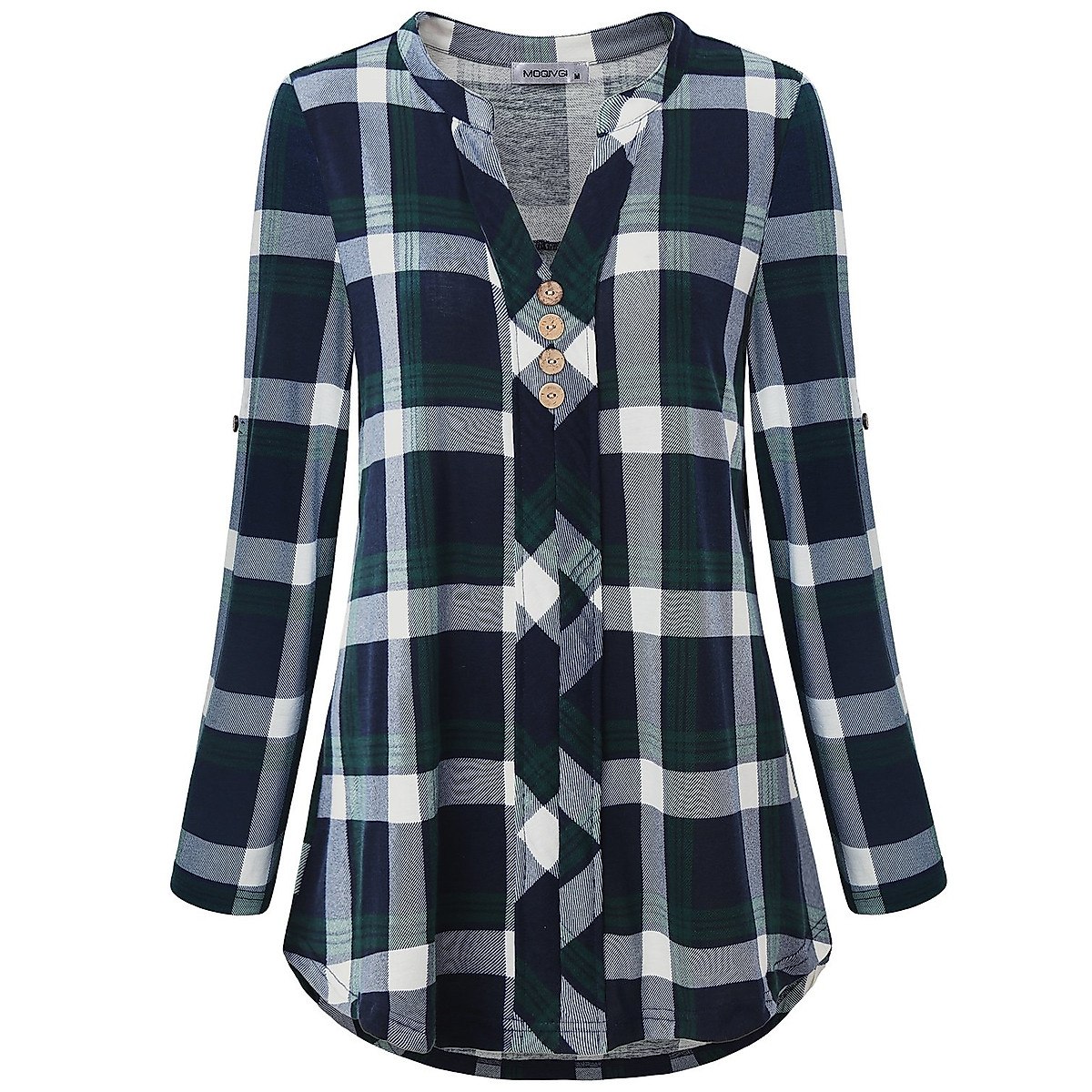 MOQIVGI Plaid Tops for Women Long Sleeve Button 3/4 Blouse Split V Neck Classic Tartan Patterned Sweatshirt Tunic Henley Boutique Shirts Blue Green Large