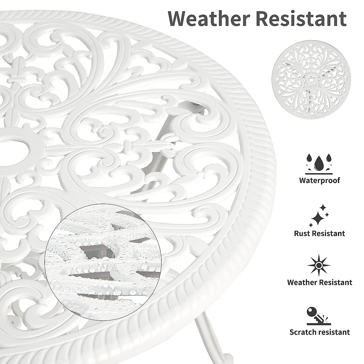 HOMEFUN Bistro Table and Chairs Set of 2 Outdoor -3 Piece Outdoor Patio Set, Butterfly Pattern Cast Aluminum Patio Bistro Set for Garden Balcony, Durable Rust All - Weather Resistance (White)