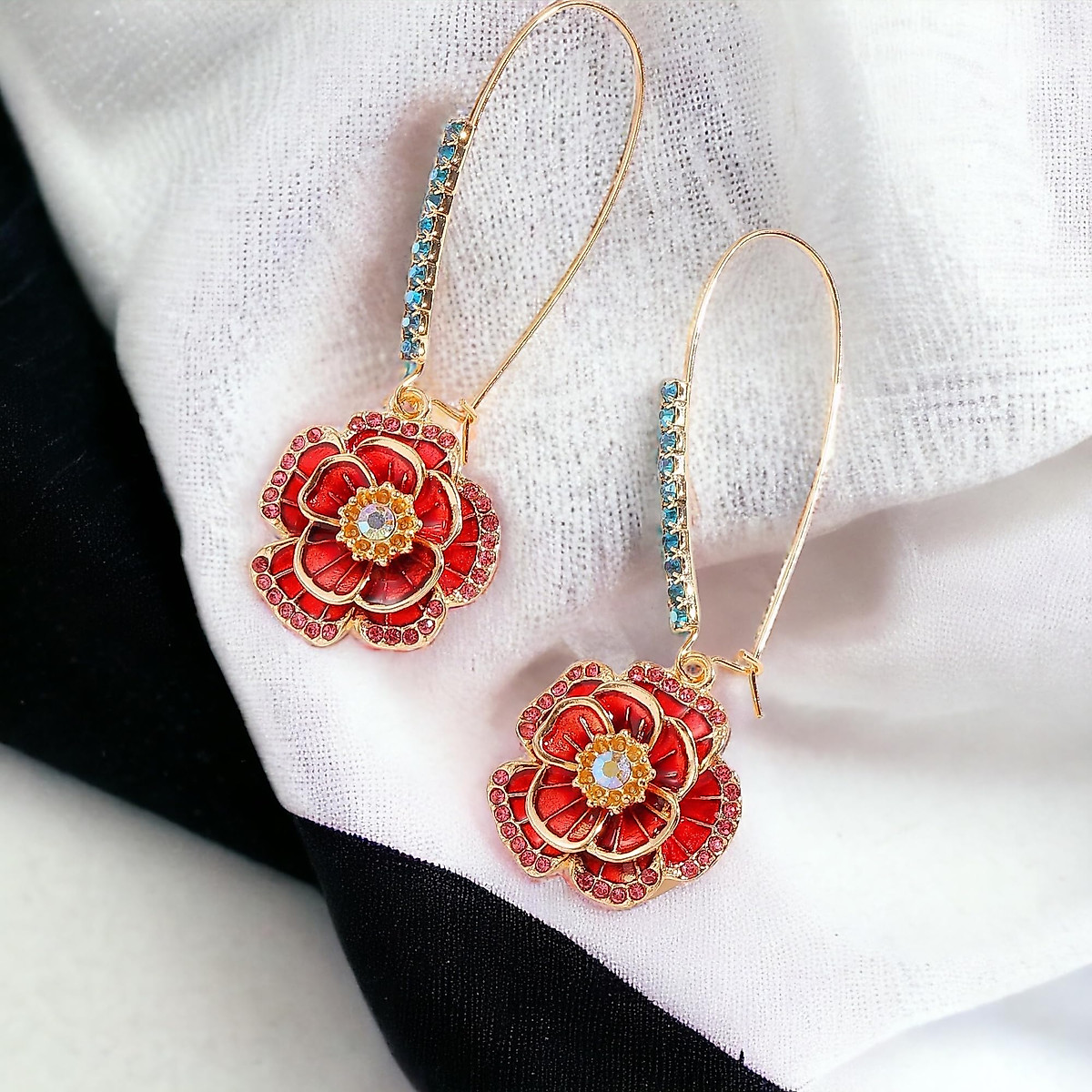 ZEshops Rose Dangle Earrings with Mixed Stone Accents, Gold-Tone Metal Trendy and Unique Women's Fashion Earrings