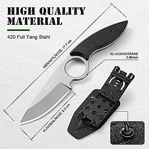 Omesio Small Fixed Blade Knife, Tactical Hunting Camping Survival Knife with Kydex Sheath, Full Tang Stainless Steel 2.68-Inch Drop Point Blade G10 Handle, EDC Neck Knife, White