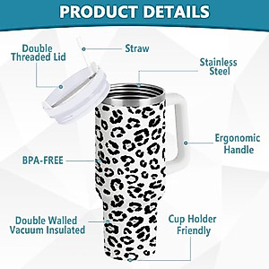 RPLIFE Fashional Leopart Print 40oz Tumbler with Handle, Stainless Water Bottle, Insulated Tumbler with Straw