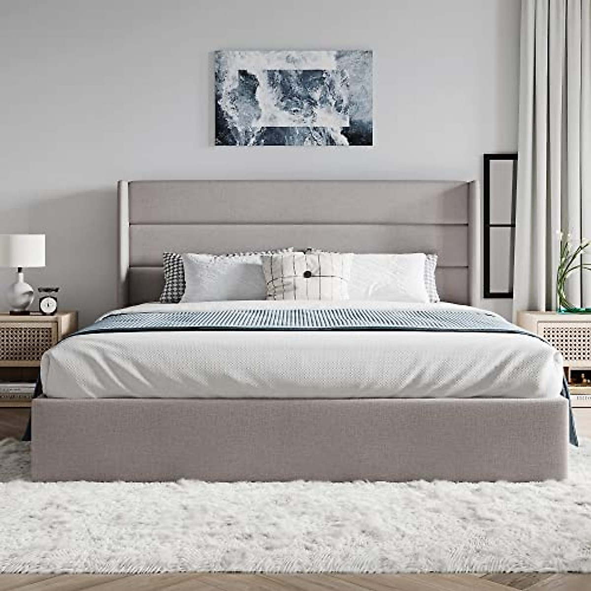 SHA CERLIN Queen Size Lift Up Storage Bed/Modern Wingback Headboard/Upholstered Platform Bed Frame/Hydraulic Storage/No Box Spring Needed/Wood Slats Support/Light Beige