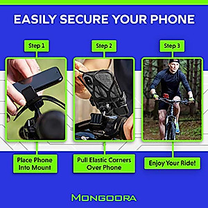 Mongoora Bike & Motorcycle Phone Mount - GPS Cell Phone Holder for Bicycle Handlebar - Easy to Install Bike Accessories Fits iPhone, Galaxy, Android - Stocking Stuffers - 3 Bands (Black, Red, Green)