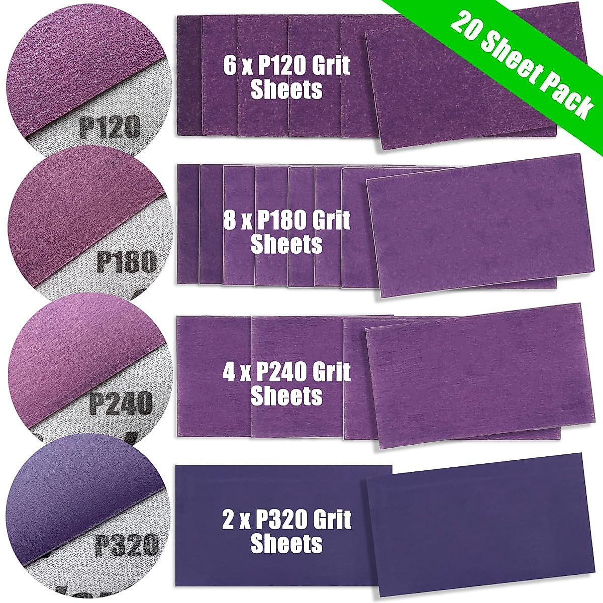 20 Sanding Paper Sheets for Hand Sanding Blocks, 125mm x 70mm (4.9'' x 2.8''), Loop Backed, Sandpaper for Wood, Metal & Paint. Assorted Grit Fine, Medium & Course P120 P180 P240 P320, Wet & Dry, 20pc