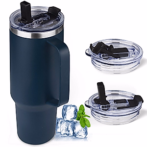40 oz Tumbler with Handle and Flip Straw, 100% Leakproof Insulated Tumbler with Lid and Straw, Stainless Steel Insulated Travel Coffee Mug, Insulated Coffee Thermal Cup for Cold and Hot (Deep Blue)