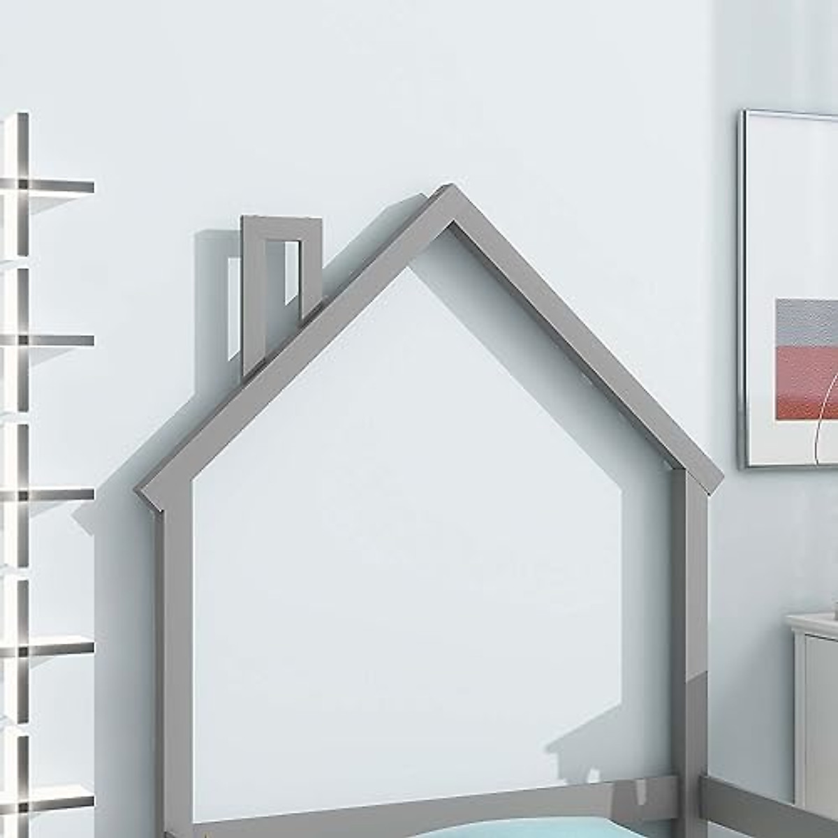 Twin Size Montessori Wood Floor Bed with House-Shaped Headboard and Fences, Full Platform Bed for Kids,Girls,Boys, Low to Ground Height, No Box Spring Needed (Grey)