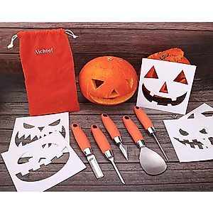Aichoof Pumpkin Carving Kit, Set of 11 Included 5pcs Pumpkin Carving Tool, 5pcs Pattern Stencils and Drawstring Storage Bag,Stainless Steel Blade with Soft Grip Handle,Gift Box Package,Dishwasher safe