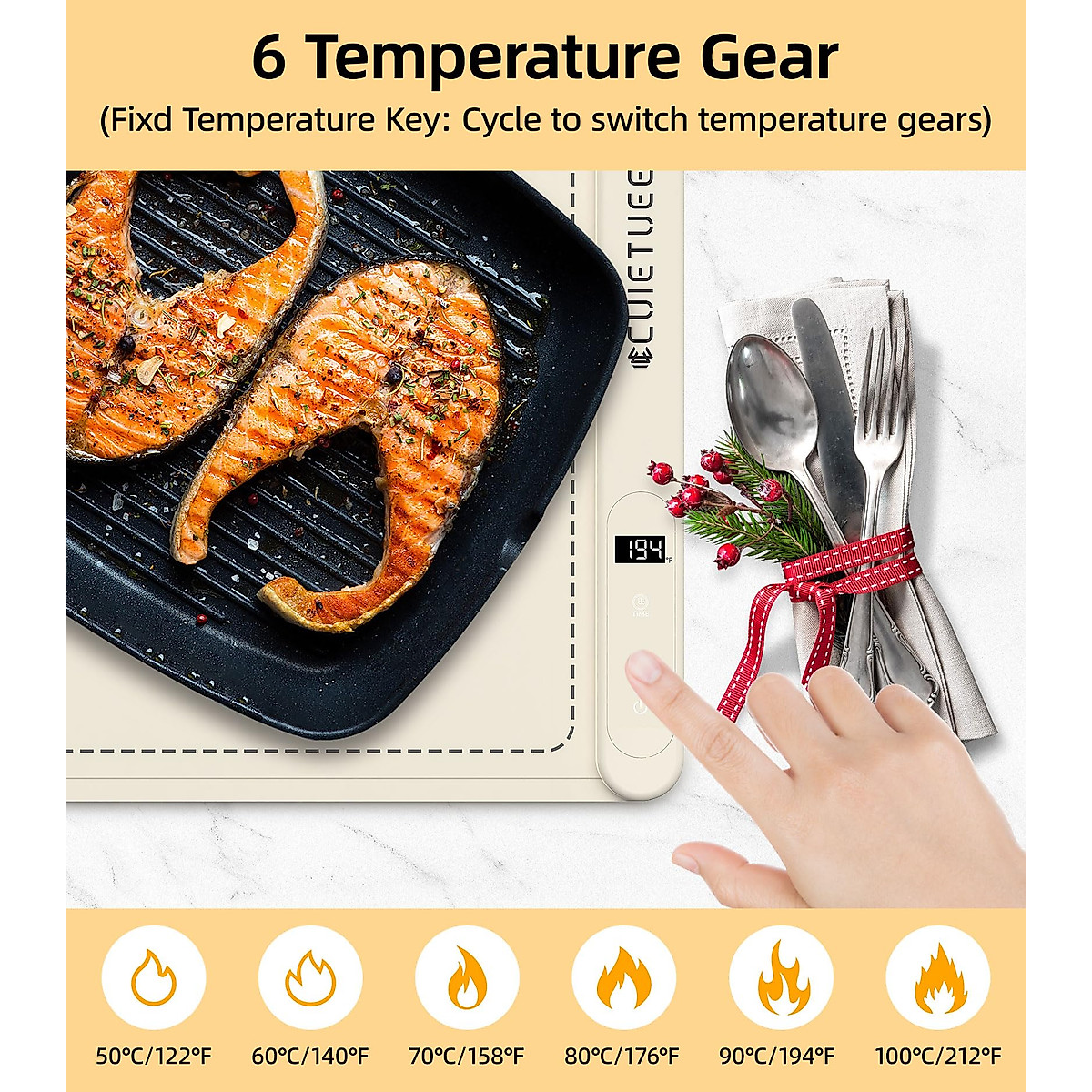 CuieTuee Electric Warming Tray 500W Upgraded Graphene Heat-Conducting Material, Rollable and Portable Food Warming Mat 6 Temperature Settings for Gatherings Parties Home Buffets Daily Use, Beige