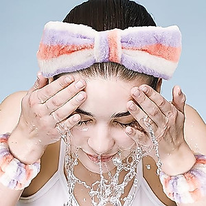 Shindel 6PCS Face Wash Headband Set, Makeup Wash Headbands with Wristbands Coral Fleece Bow Hair Bands for Women Spa Skin Care Yoga