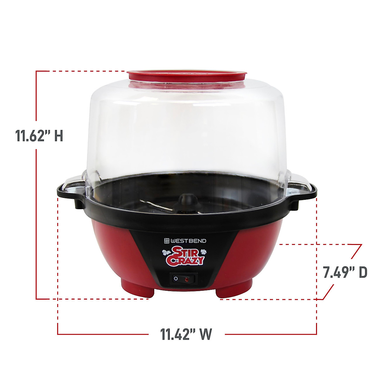 West Bend Stir Crazy Popcorn Machine Electric Hot Oil Popper Includes Large Lid for Serving Bowl and Convenient Nesting Storage, 6-Quart, Red