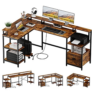 GarveeHome L Shaped Desk - 76 in Office Desk with Dedicated Monitor Shelf and Power Outlet, Corner Desk for Home Office with Extensive Drawers and Storage, Vintage Brown