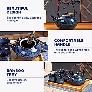 DUJUST Japanese Tea Set for 6, Kiln Altered Glaze Porcelain Tea Set with 1 Teapot, 6 Tea Cups & 1 Tea Tray, Unique Chinese Tea Set for Adults/Tea Lovers/Women/Men, Blue