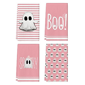 Artoid Mode Pink Stripes Ghost Boo Spooky Halloween Kitchen Towels Dish Towels, 18x26 Inch Bow Knot Decoration Hand Towels Set of 4