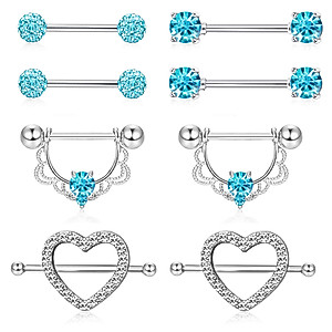ORAZIO 4 Pairs 14G Stainless Steel Nipplerings Nipple Tongue Rings CZ Opal Barbell Body Piercing Jewelry Blue