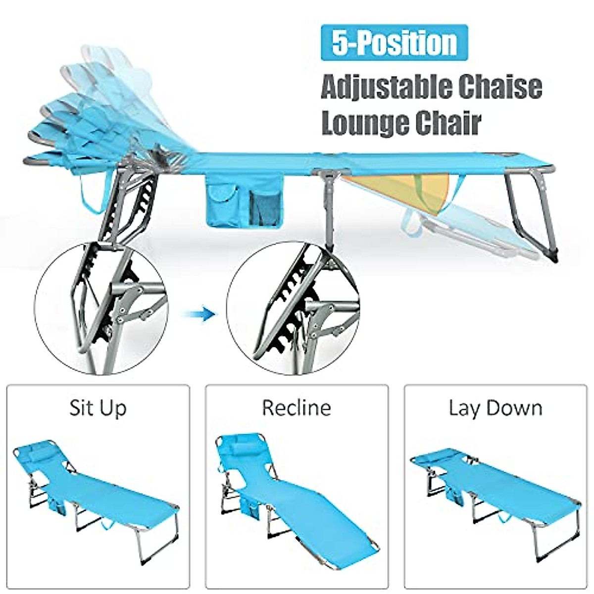 Giantex Beach Chair Chaise Lounge - Tanning Chair with Face Arm Hole, Detachable Pillow, Adjustable Backrest, Side Pocket, Carry Handle, Outdoor Folding Lounge Chair, Sunbathing Chair (1, Turquoise)