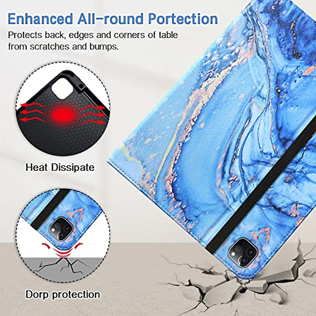 Zonefoker for New iPad Pro 12.9 Case 6th/5th/4th/3rd Generation 2022/2021/2020/2018, 12.9 inch ipad Pro Leather Folio Cover with Pencil Holder, Multi-Angle Viewing Stand, Auto Wake/Sleep, Marble Blue