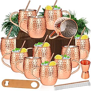 Moscow Mule Copper Mugs Moscow Mule Cups Kit 19oz Set of 12 with Handle Large Copper Hammered Plating Cups with 0.5oz Double Jigger, Stainless Steel Straws, Spoons for Cold Drinks Cocktails Wine
