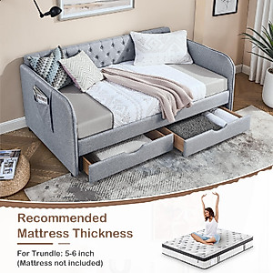 Antetek 80.5" Daybed with Drawer, Modern Button Tufted Linen Day Bed with Trundle Bed Twin to King, Upholstered Daybed Frame w/Storage Pocket for Bedroom, Living Room, No Box Spring Needed, Grey