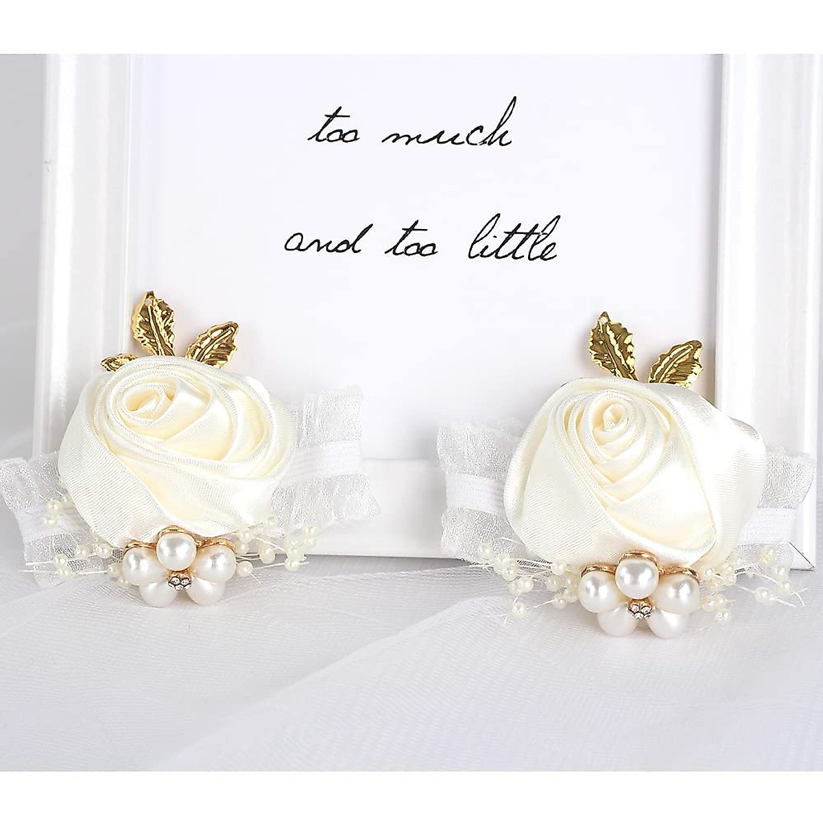 WANLIAN Rose Wrist Corsage Peal Diamond Boutonniere Gold Leaf Wrist Flower for Bride Bridesmaid Prom Wedding Ceremony Anniversary Set of 2(ivory)