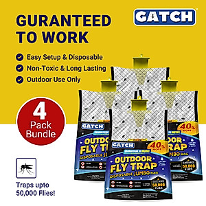 JUMBO Outdoor Fly Trap Bags (4 Pack), Disposable, Hanging Fly Catcher with Bait, Outdoor Use Fly Hunter Repellent Control Catcher Killer, Flies Trap for Barn, Farm, Mosquito, Bugs, Gnats, Ready to Use