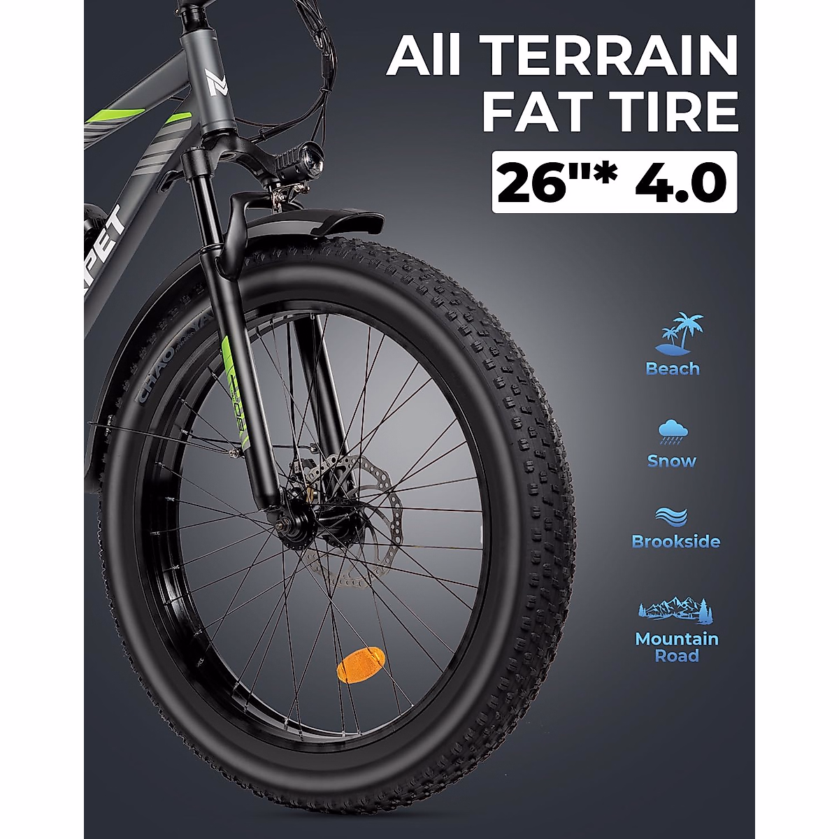 Mukkpet Suburban 750W Electric Bike for Adults, 25MPH Ebike, 26'' X 4.0 All Terrain Tire Electric Mountain Bikes 48V 15AH BMS Removable Battery Adult Electric Bicycles 7-Speed Electric Bike