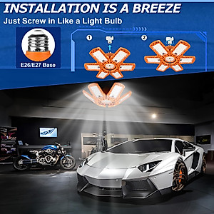 4 Pack LED Garage Light, Orange Led Garage Lights Halloween, 185W 18500LM LED Garage Ceiling Light, Super Bright Garage Lights Ceiling Led with 6+1 Deformable Panels, E26/E27 Bulb Socket Lighting