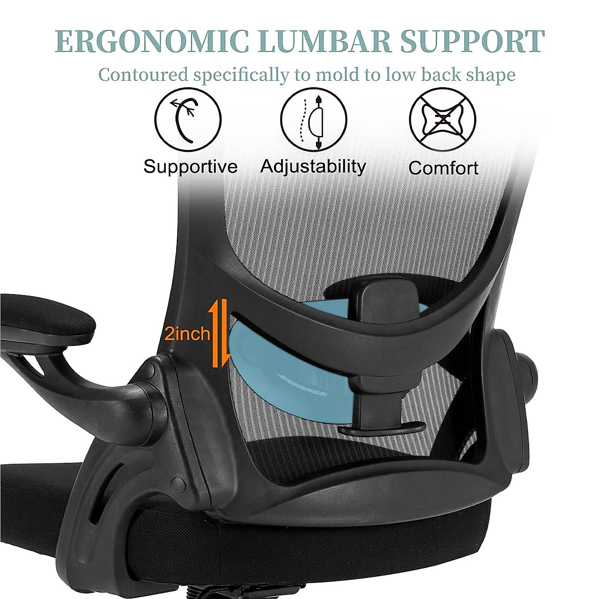 Ergonomic Mesh Office Chair, Comfy Desk Chair with Flip up Armrests, Swivel Computer Desk Chair with Adjustable Lumbar Support and Height for Home Office, 300 lbs Capacity