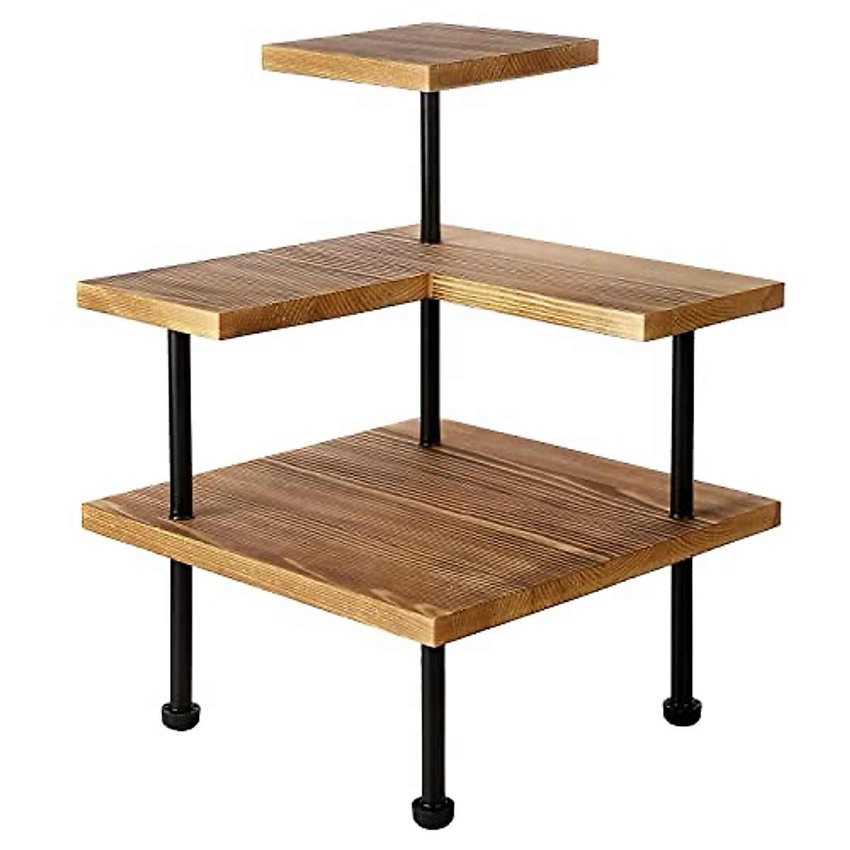 MyGift 3 Tier Rustic Burnt Wood Kitchen Countertop Corner Shelf, Counter Spice and Condiment Storage Display Rack, with Black Industrial Metal Pipe Legs