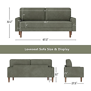 Bonzy Home 2-Seater Sofa Couch, 67" Sofa for Living Room, Corduroy Fabric Upholstered Loveseat with 4 Wooden Legs for Compact Space, Apartment (Green)