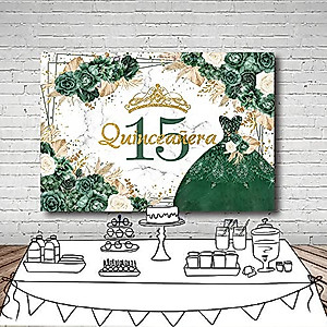 MEHOFOND Boho Floral Quinceanera 15th Birthday Backdrop for Girls Green Rose Pampas Grass Mis Quince Anos 15th Birthday Party Decorations Photography Background Gold Glitter Crown Photo Banner 8x6ft