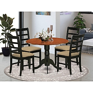 East West Furniture DLPF5-BCH-C 5 Piece Kitchen Table & Chairs Set Includes a Round Dining Room Table with Dropleaf and 4 Linen Fabric Upholstered Chairs, 42x42 Inch, Black & Cherry