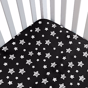 Pack and Play Sheets Fitted Boy, Mini Crib Sheets fits 39"x 27"x 5" Graco Playard Playpen, Black Star Print Pack and Play Fitted Sheets for Mini Crib Bedding