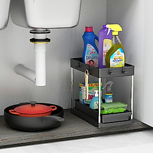 QualiapeX 2-Tier Under Sink Organizer, Kitchen Organization, Cabinet Storage Drawer Organizer with Hooks, Dividers, Handles, Bathroom Organizer, Easy-Grip & Hold-Out Sliding Drawer (Black 1 Pack)