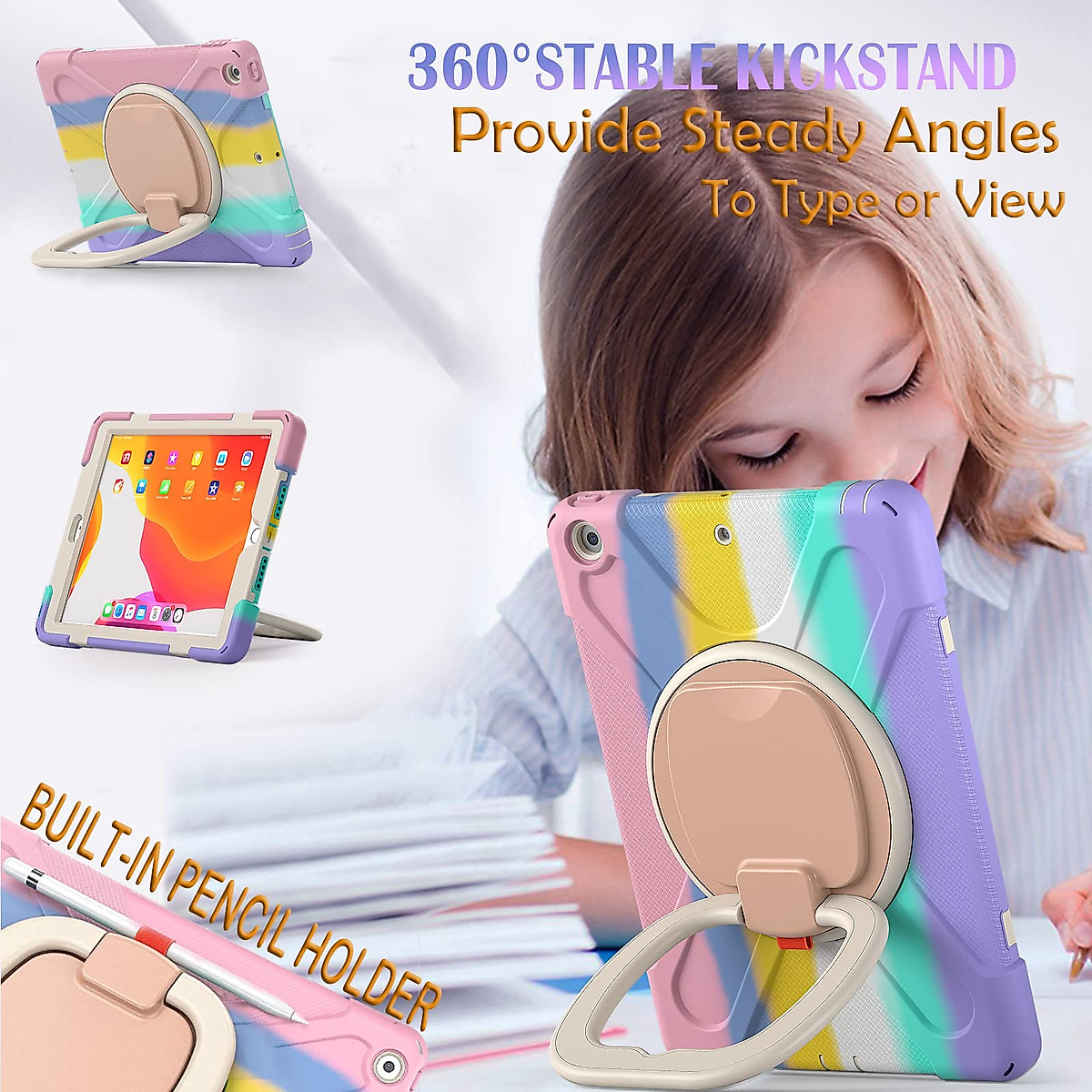 LX-SUNCX for iPad 10.2 Case 9th Generation 2021 / 8th Gen 2020 / 7th 2019,Shockproof Kids Case with Screen Protector,Rotating Stand/Pencil Holder/Shoulder Strap for iPad 10.2 Inch - Colourful Pink