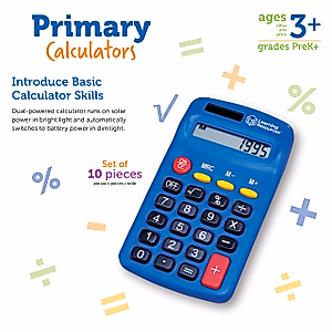 Learning Resources Primary Calculator - 10 Pieces, Ages 3+ Basic Solar Powered Calculators, Teacher Set of 10 Calculators, School Supplies