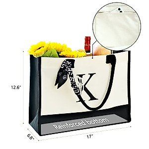 CROWNED BEAUTY Canvas Tote Bag with Zipper Pocket, Personalized Birthday Gift for Women, Embroidery Initial Letter K Bag for Vacation Beach CT37-K