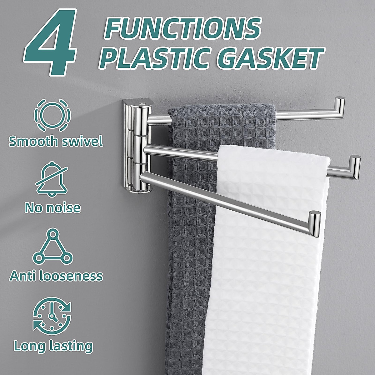 APLusee Polished Chrome Swivel Towel Bar, 304 Stainless Steel Foldable Towel Holder with 3 Arms, Wall Mounted