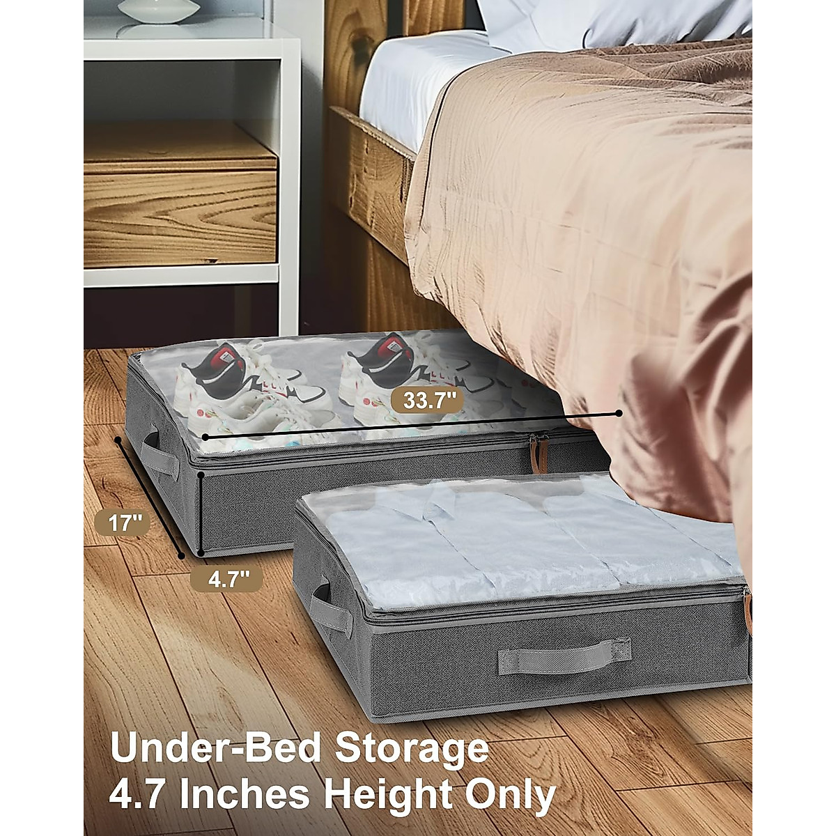 NEATJELAI 2-Pack Under Bed Storage Containers,4.7 Inches Low Profile Underbed Storage Organizer Bin Foldable with Sturdy Sidewalls/Bottom/4 Handles for Clothes Blanket Pillows Shoes,Gray