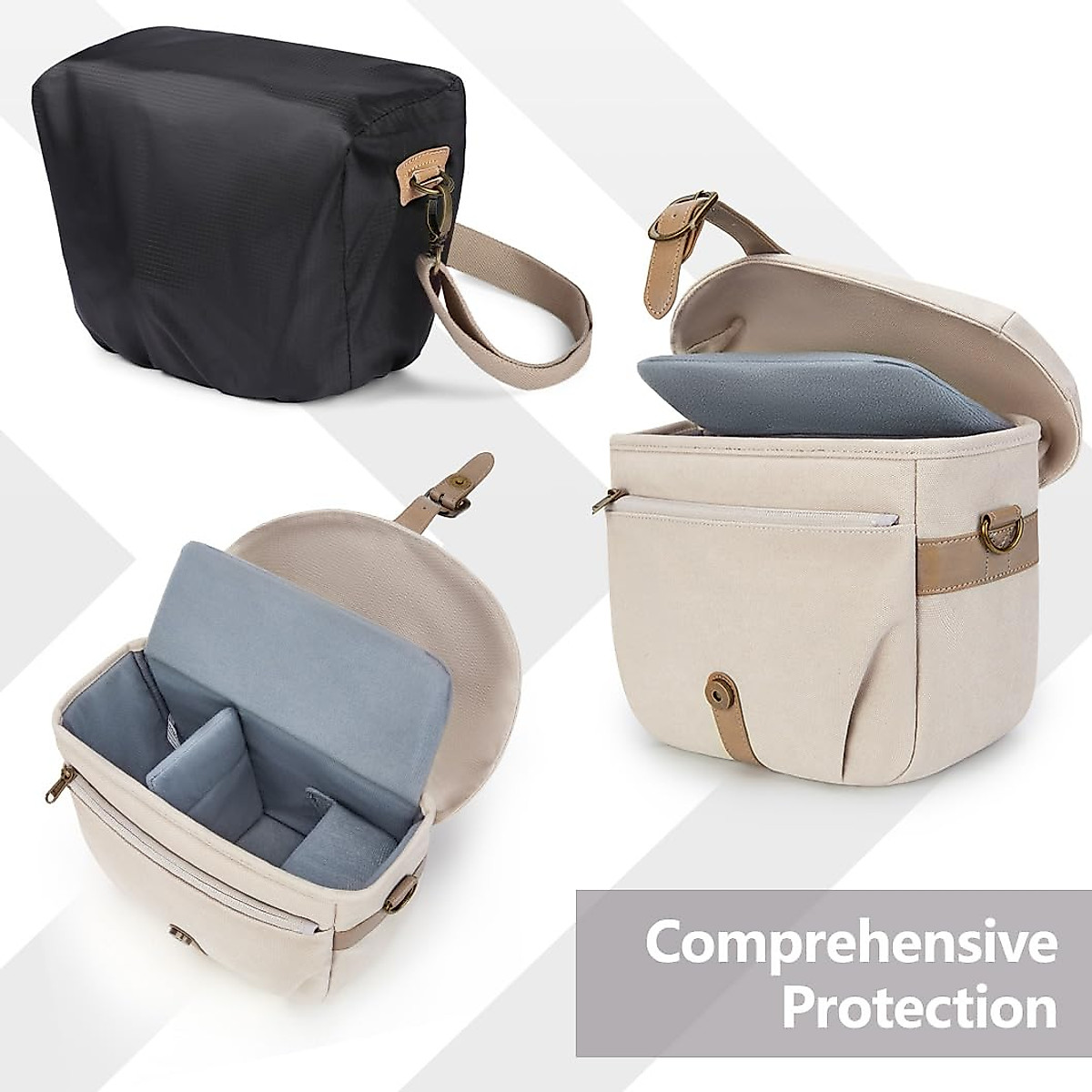 BAGSMART Camera Bag, SLR DSLR Canvas Camera Case, Vintage Padded Camera Shoulder Bag with Rain Cover for Women and Men, Ivory White