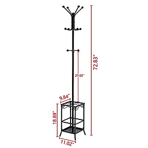 Hoctieon Coat Rack Freestanding,Entryway Coat Hanger Stand,Umbrella Holder,Hall Tree With 12 Hooks,Standing Coat Rack,Floor Standing Metal Umbrella Tree Stand, Black