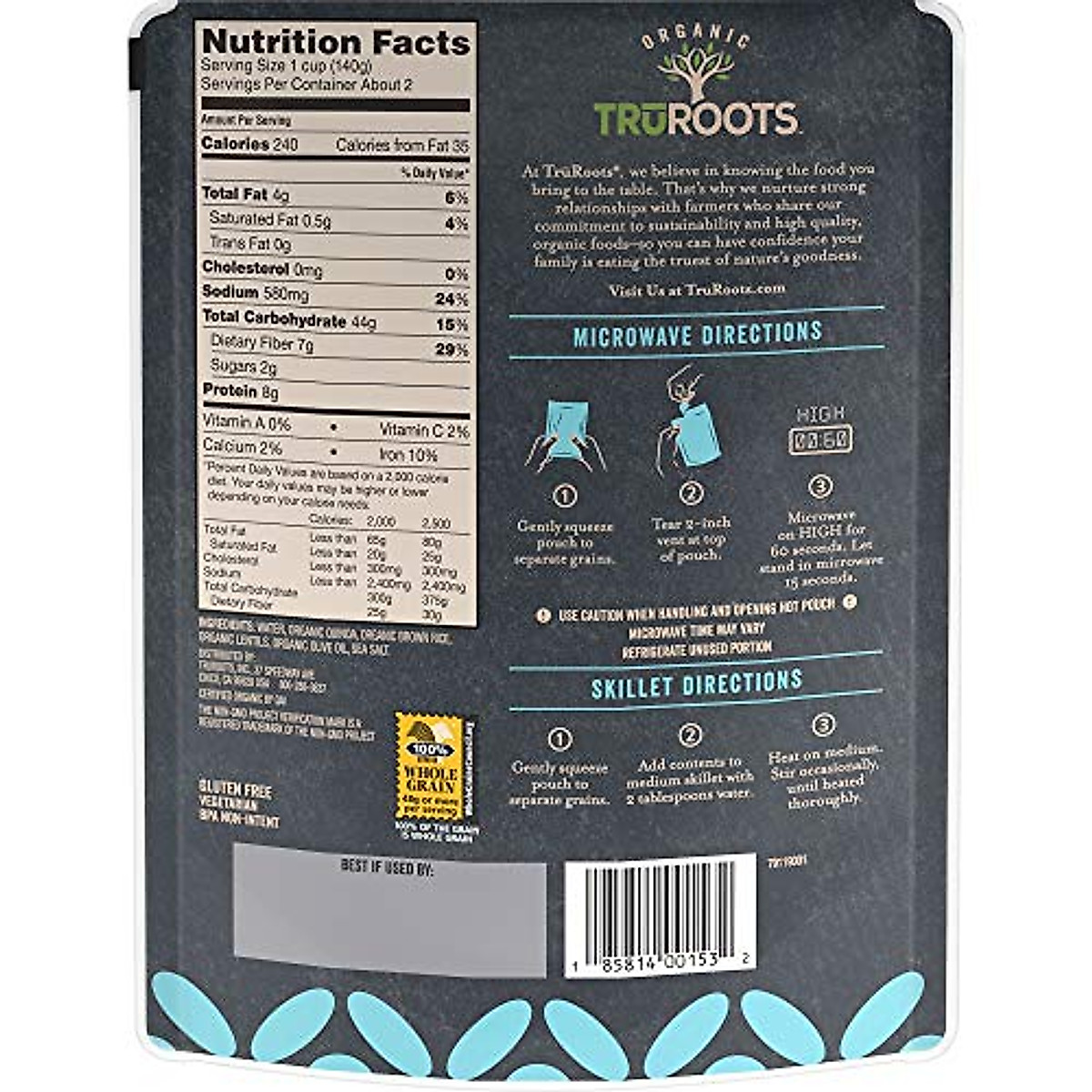 TruRoots Organic Quick Cook Olive Oil and Sea Salt Quinoa, Brown Rice and Lentil Blend, 8.5 Ounces (Pack of 8), Ready to Eat in 60 Seconds, Certified USDA Organic, Non-GMO Project Verified