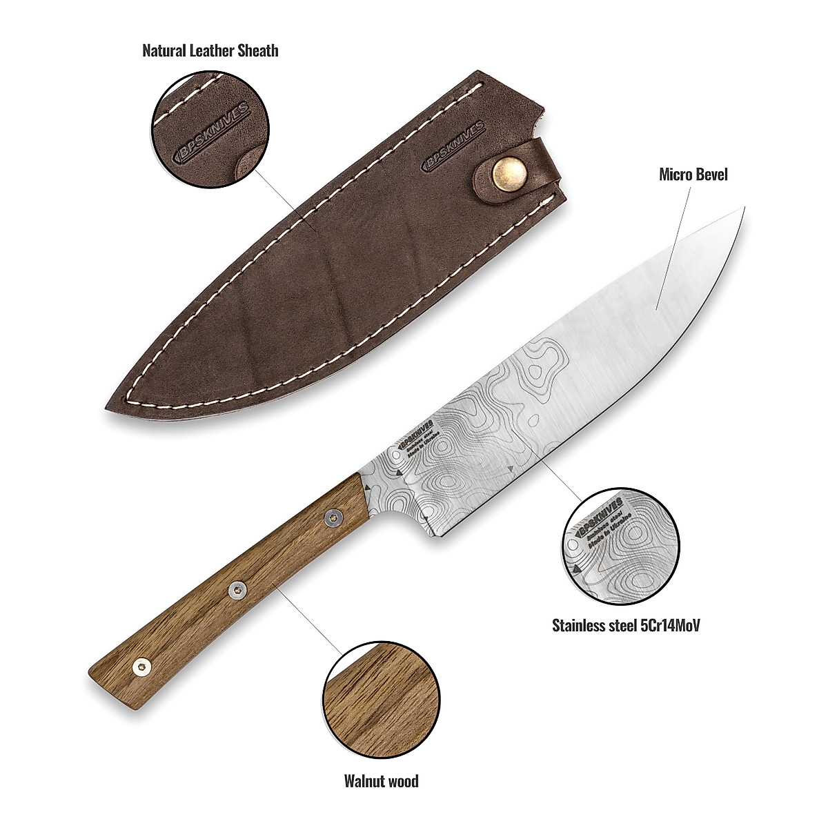 BPS Knives Rosemary - 8 Inch Chef’s Knife with Leather Case - Super Sharp Professional Chef Knife - Premium Stainless Steel Kitchen Knife - Gifts for Men and Women