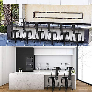 Metal Bar Stool Set of 4 Counter Height Barstool with Back 24 Inches Seat Height Industrial Bar Chairs Patio Stool Stackable Modern Kitchen Stool Indoor Outdoor Metal Bar Stool Kitchen Stools (Black)