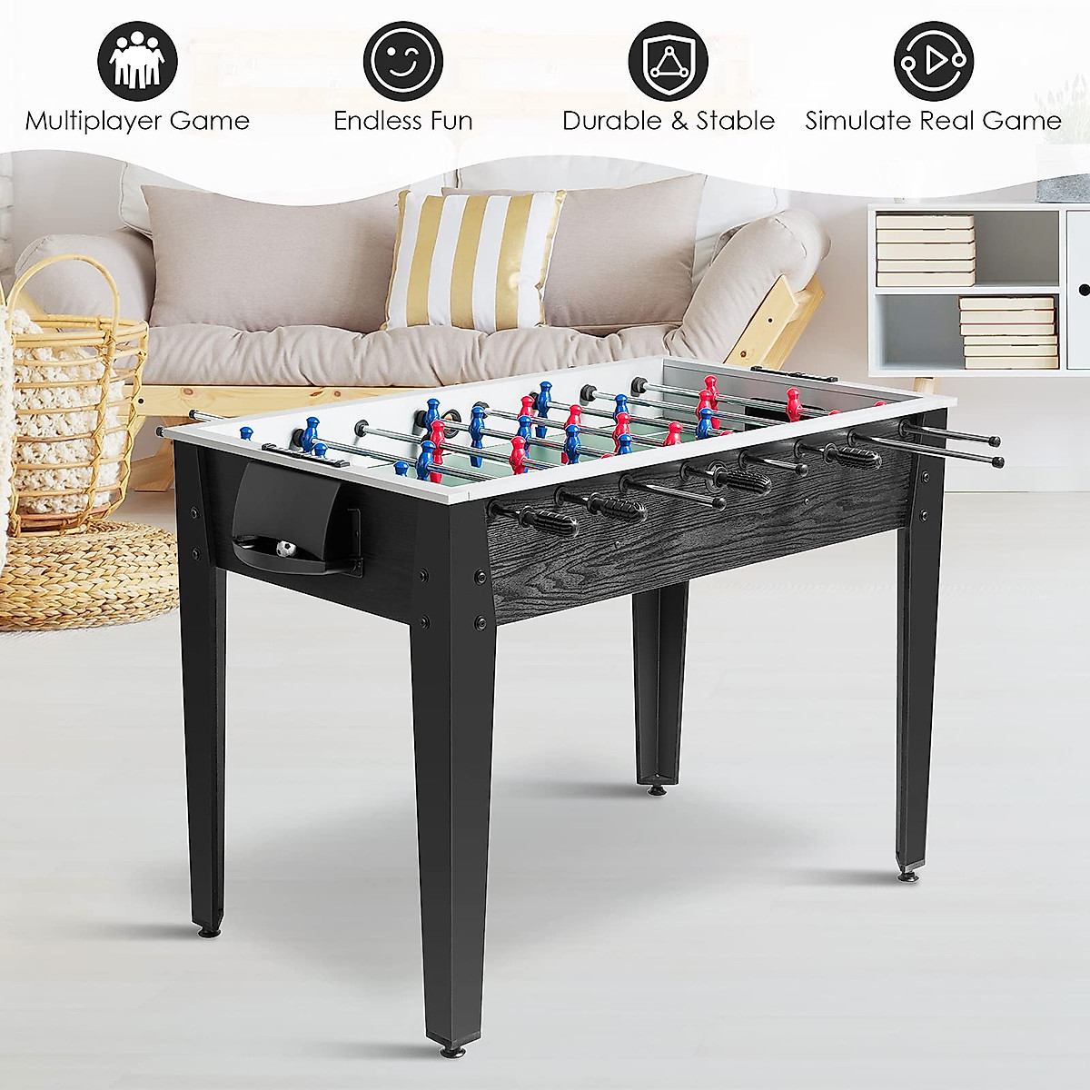 RELAX4LIFE 48'' Foosball Table, Wooden Soccer Game Table with 2 Footballs, Score Devices, Recreational Foosball Games for Kids & Adults, Arcade Table for Pub, Bars, Parties Family Night Game (Black)
