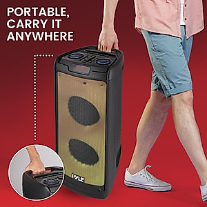 Pyle Portable Bluetooth PA Speaker System - 500W Rechargeable Indoor Outdoor Stereo w/Dual 8” Woofer & Tweeter, Audio Recording, Wireless Microphone, Flaming Light, Radio, MP3/USB/Micro SD, Remote