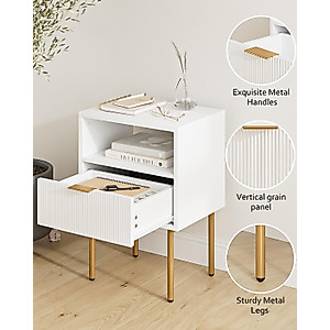 Masupu Nightstand,Mid-Century Modern Bedside Table with Storage Drawer and Open Wood Shelf,Small Gold Frame Side Table for Bedroom,Living Room,White