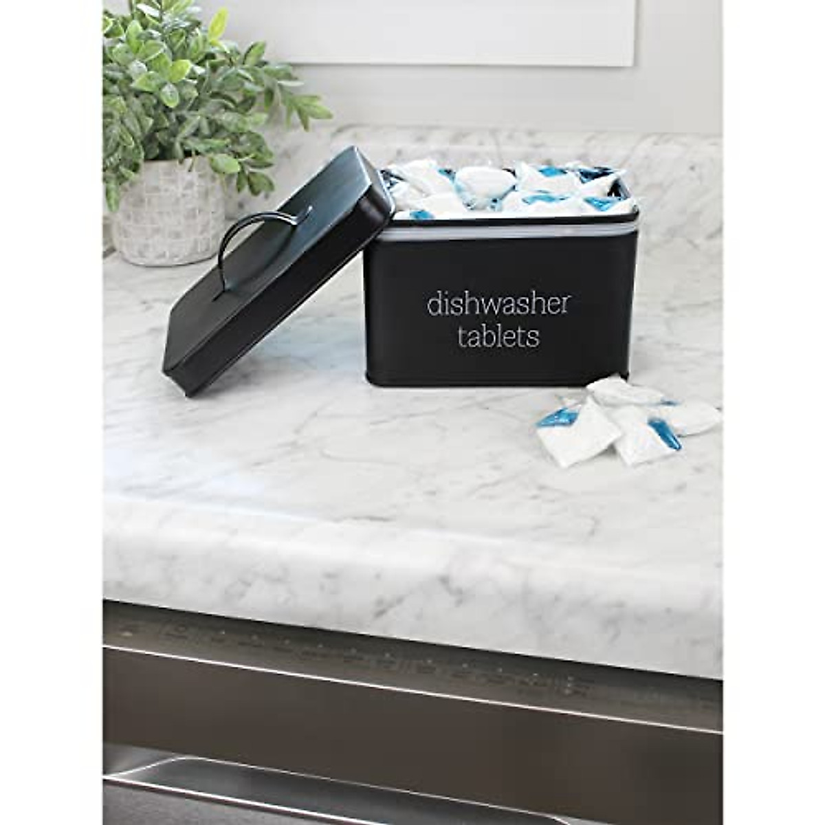 AuldHome Black Dishwasher Pod Holder, Tablet Container; Enamelware Kitchen Storage Tin with Lid