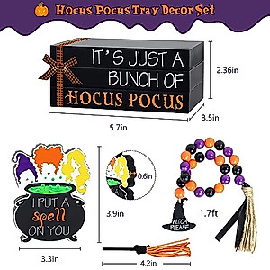 Hocus Pocus Halloween Decorations for Home Indoor - 1 Set of Halloween Wooden Faux Book Stack, 1 Sanderson Sisters Witches Cauldron Sign, 1 Bead Garland & 1 Broom, Halloween Table Tiered Tray Decor
